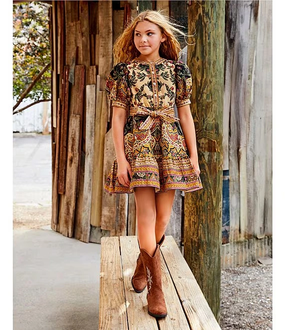 A Loves A Big Girls Floral Paisley Print Girls Bubble Sleeve Dress Tan ...
